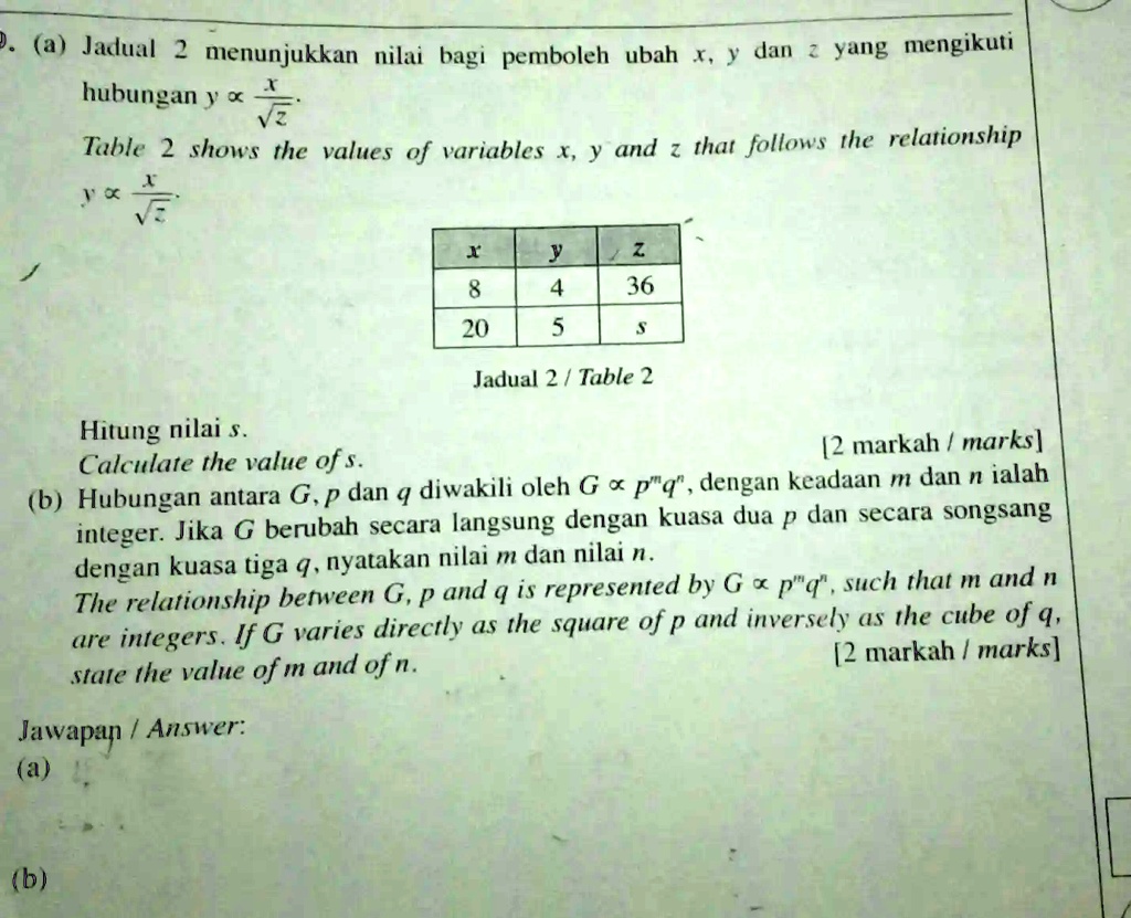 D. (a) Jadual 2 menunjukkan nilai bagi pemboleh ubah x, y dan z yang ...