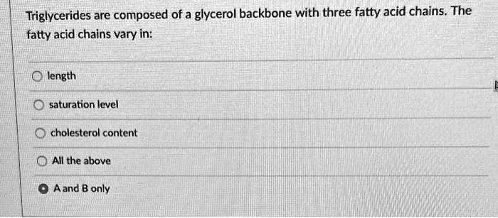 SOLVED: Triglycerides are composed of a glycerol backbone with three ...