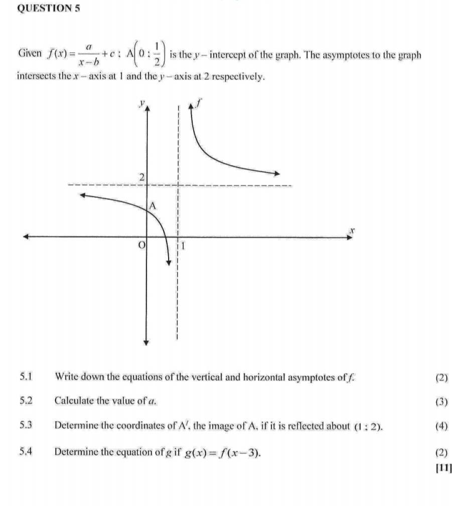 SOLVED: QUESTION 5 Given f(x)=(a)/(x-b)+c: A(0: (1)/(2)) is the y ...