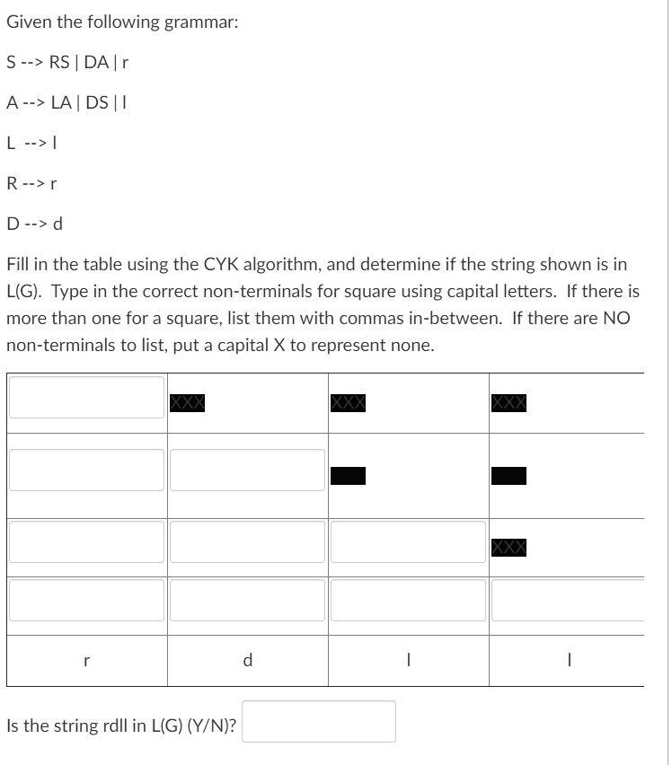 Given the following grammar: S –> RS | DA|r A –> LA | DS | I L–> I R –> r D –> d Fill in the ...