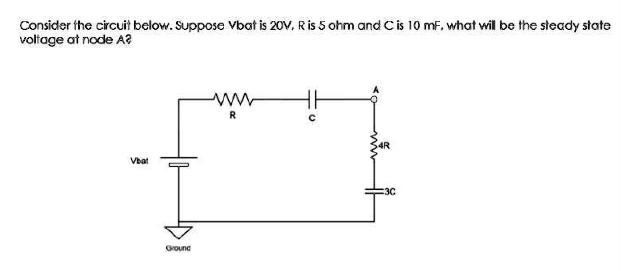Consider the circuit below. Suppose Vbat is 20V, R is 5 ohm and C is 10 ...