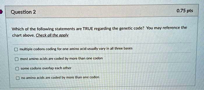 Which of the following statements are TRUE regarding the genetic code? You may reference the ...