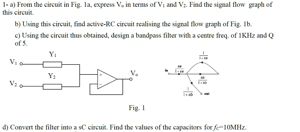 1- a) From the circuit in Fig. 1a, express Vo in terms of V1 and V2. Find the signal flow graph ...
