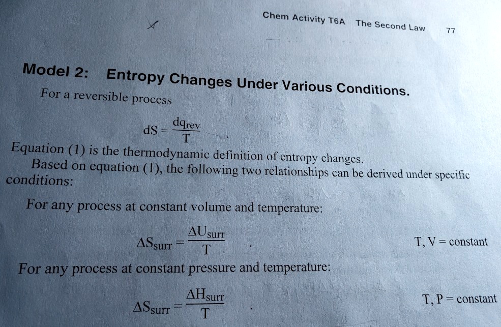 SOLVED: Chem Activity TGA The Second Law Model 2: Entropy Changes Under Various Conditions. For ...
