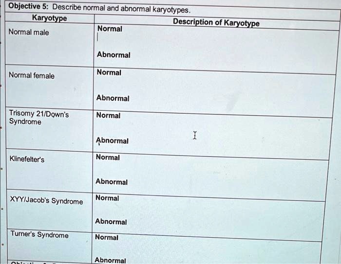 SOLVED: Objective 5: Describe normal and abnormal karyotypes Karyotype ...