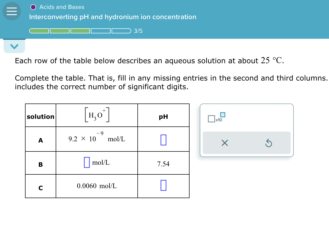 SOLVED: Acids and Bases Interconverting pH and hydronium ion ...