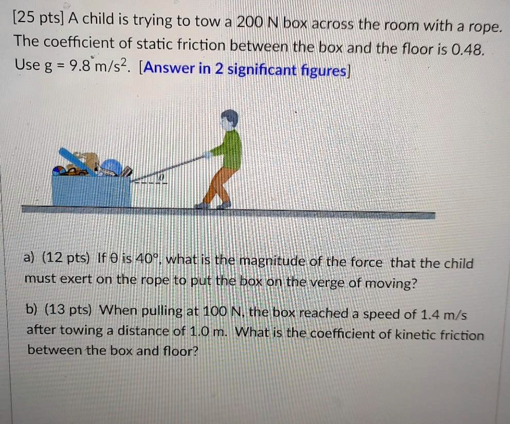 SOLVED: [25 pts] A child is trying to tow a 200 N box across the room ...