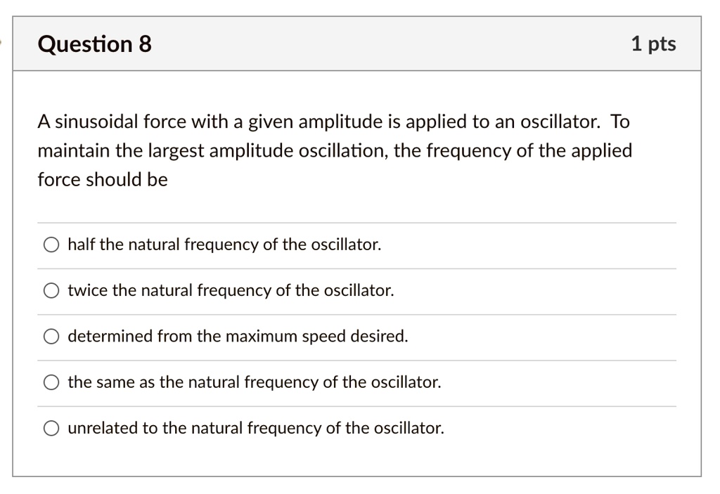 SOLVED: Question 8 1 pts A sinusoidal force with a given amplitude is ...