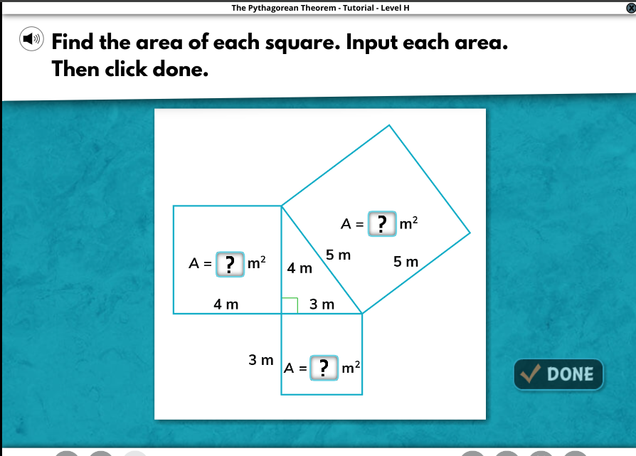 The Pythagorean Theorem - Tutorial - Level H Find the area of each square. Input each area. Then ...