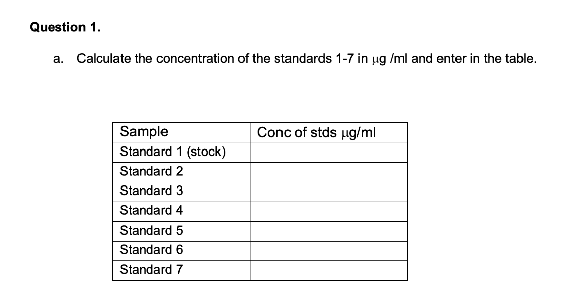 SOLVED: Question 1. a. Calculate the concentration of the standards 1-7 ...