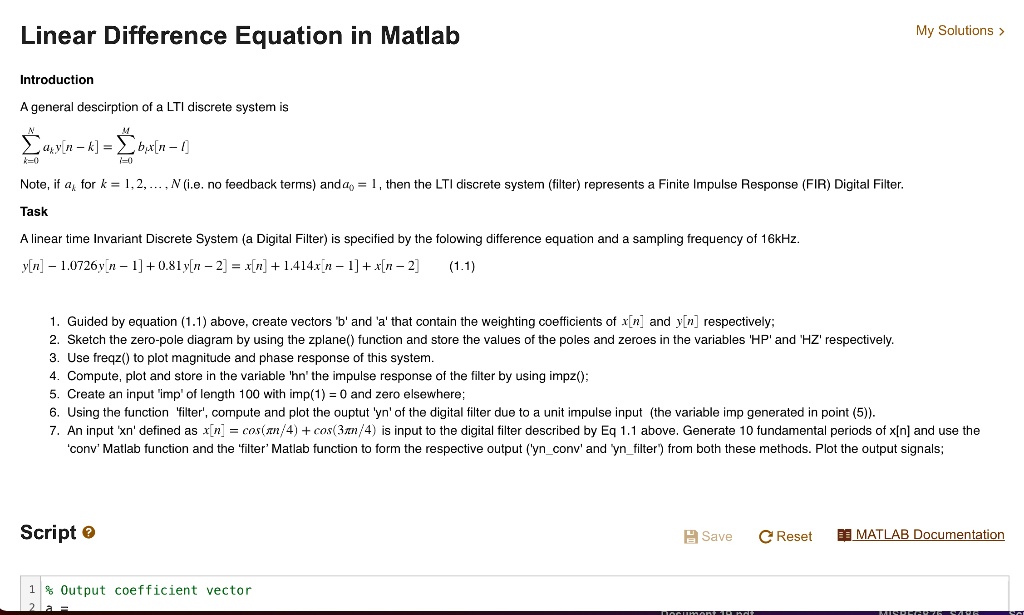 Linear Difference Equation in Matlab Introduction A general descirption ...