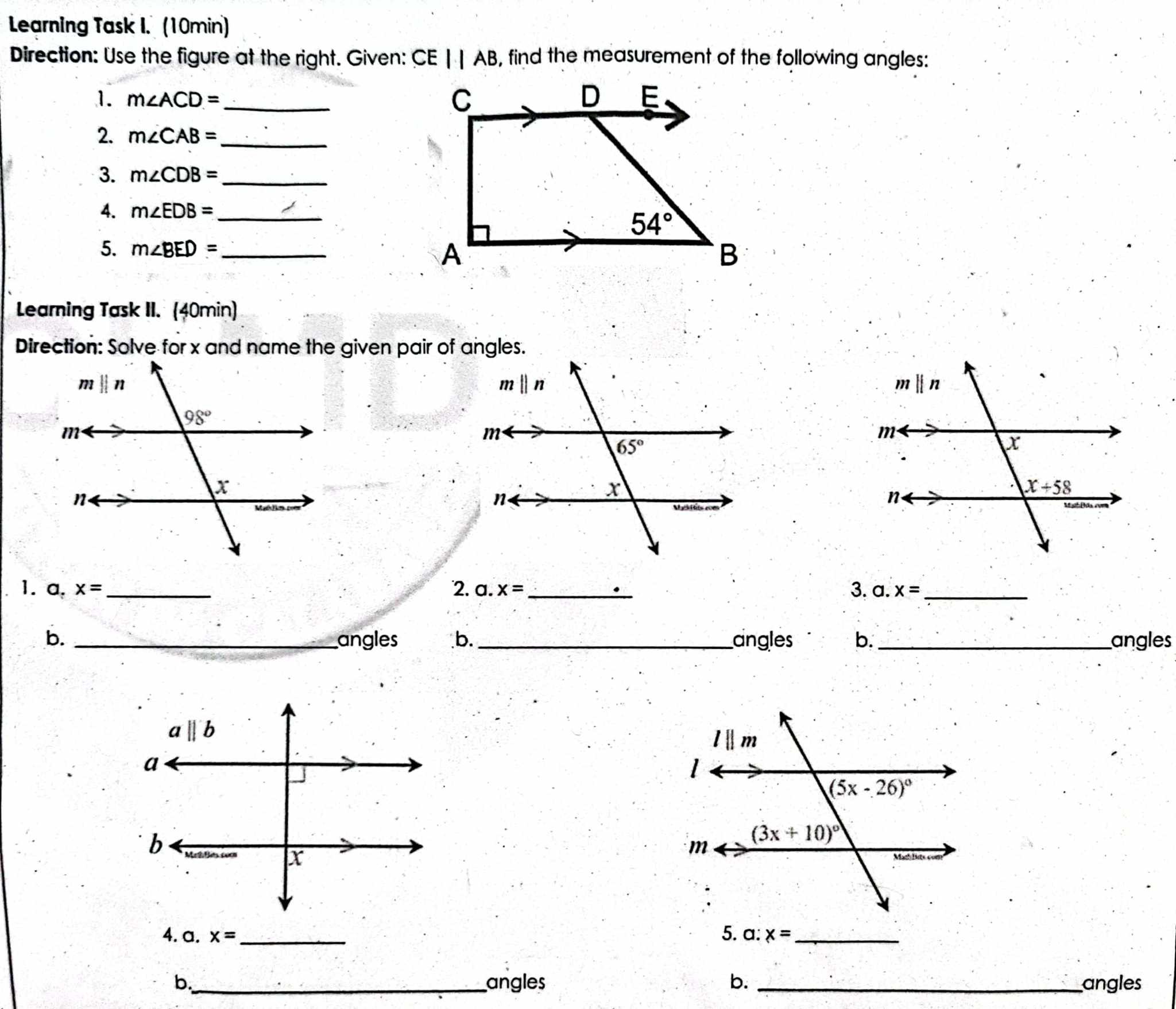 SOLVED: Learning Task I. (10min) Direction: Use the figure at the right. Given: C E | | A B ...