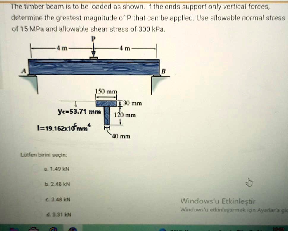 SOLVED: The timber beam is to be loaded as shown.If the ends support ...