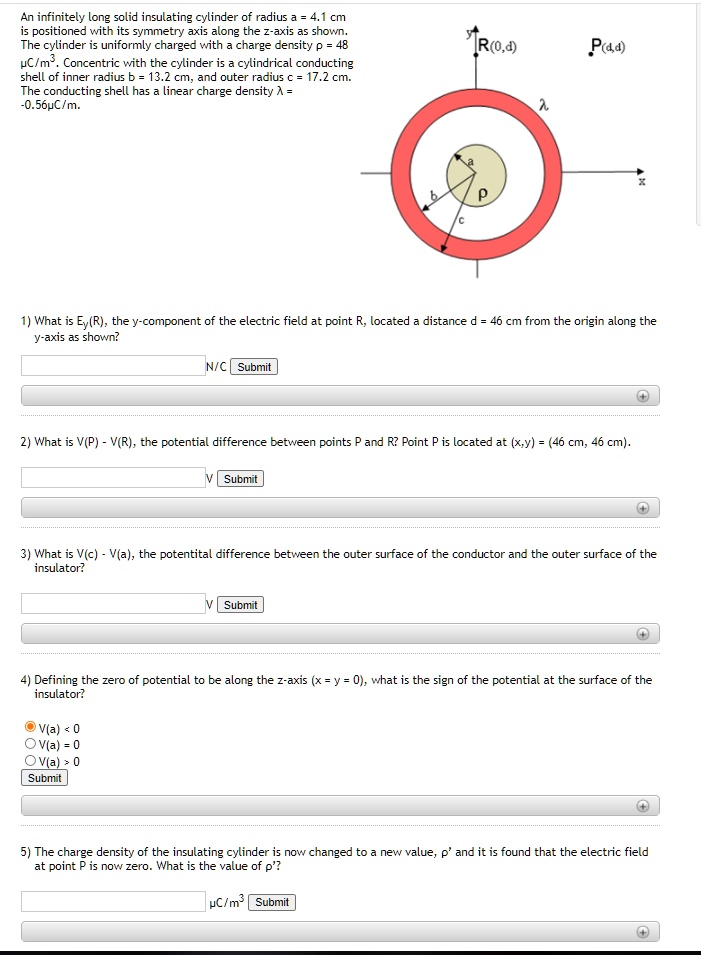 an infinitely long solid insulating cylinder of radius 41cm positioned ...