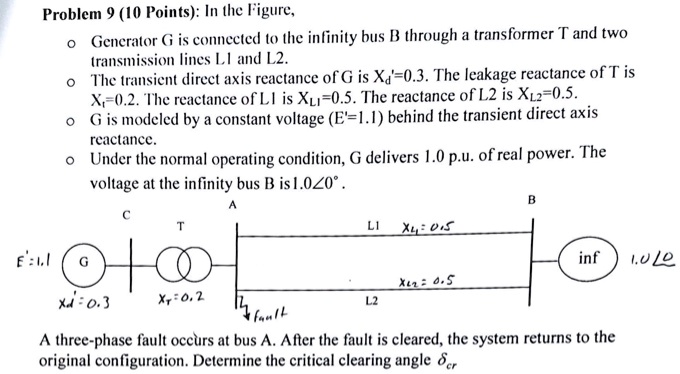 Problem 9 (10 Points): In the Figure, ∘Generator G is connected to the infinity bus B through a ...