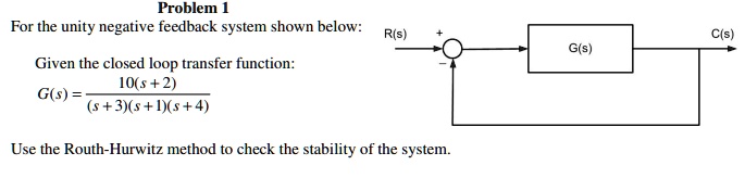 SOLVED: Problem 1 For the unity negative feedback system shown below: R(s) C(s) G(s) Given the ...