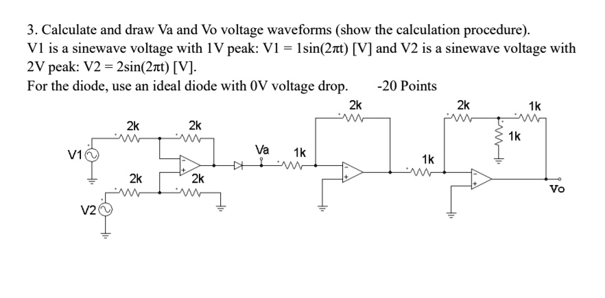 3. Calculate and draw Va and Vo voltage waveforms (show the calculation procedure). V1 is a ...