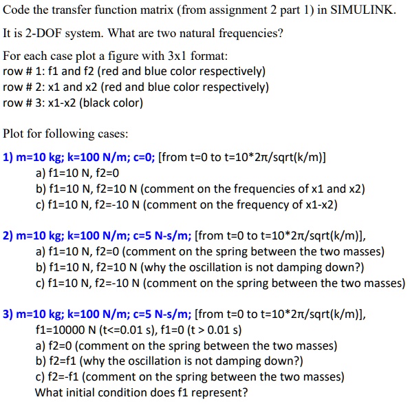 SOLVED: Code the transfer function matrix (from assignment 2 part 1) in ...