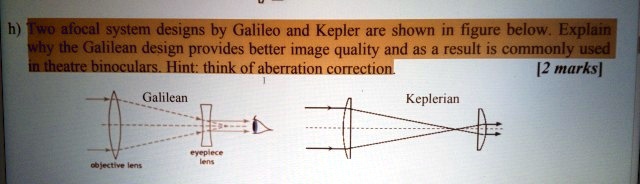 SOLVED: Two afocal system designs by Galileo and Kepler are shown in the figure below. Explain ...
