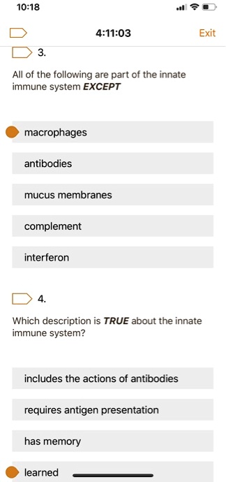 1018 41103 exit all of the following are part of the innate immune system except macrophages ...