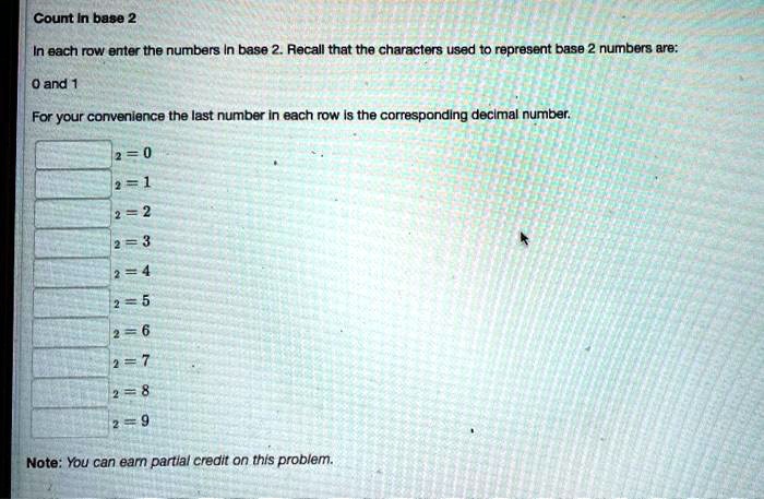 Count in base 2 In each row enter the numbers in base 2. Recall that ...