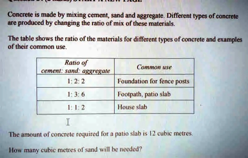 SOLVED: Concrete is made by mixing cement, sand, and aggregate ...