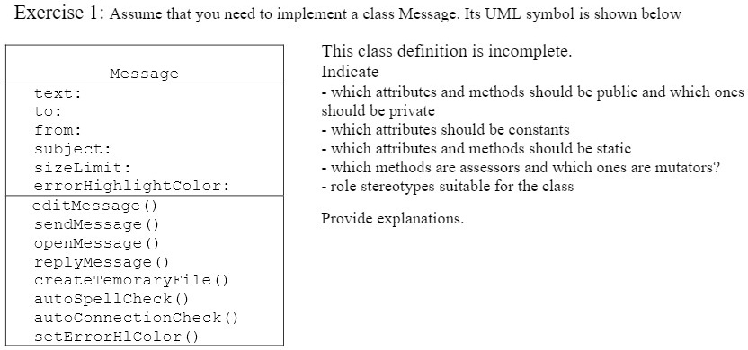 Exercise 1: Assume that you need to implement a class Message. Its UML symbol is shown below ...
