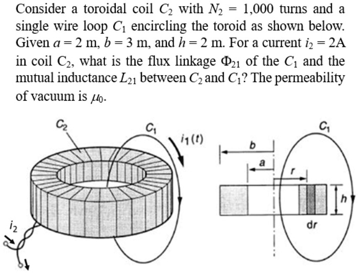 SOLVED: Consider a toroidal coil C with N= 1000 turns and a single wire loop C encircling the ...