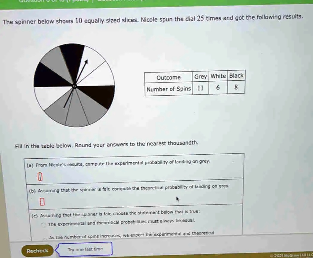 SOLVED: The spinner below shows 10 equally sized slices: Nicole spun ...