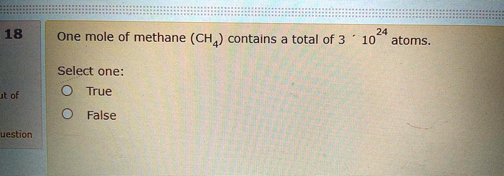 SOLVED: One mole of methane (CH4) contains a total of 3.1024 x 10^24 atoms. SOLVED: One mole of methane (CH4) contains a total of 3.1024 x 10^24 atoms.