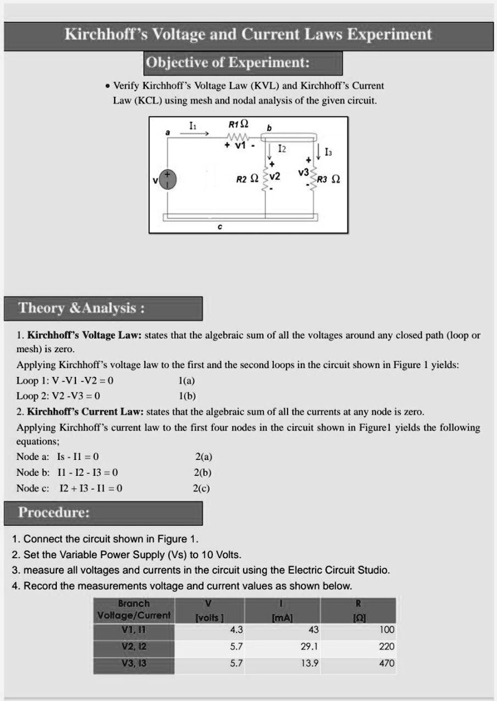 SOLVED: Kirchhoff's Voltage and Current Laws Experiment Objective of Experiment: Verify ...