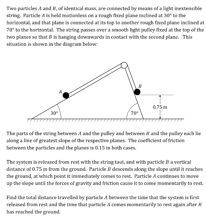 Two particles A and B, of identical mass, are connected by means of a light inextensible string ...