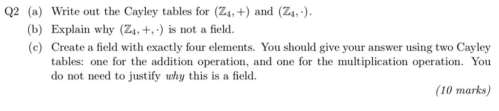 SOLVED: Q2 (a) Write out the Cayley tables for (Z4,+) and (Z;.) Explain ...