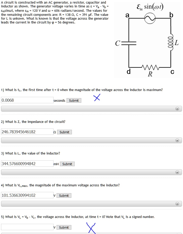 SOLVED: A circuit is constructed with an AC generator, resistor, capacitor, and inductor as ...