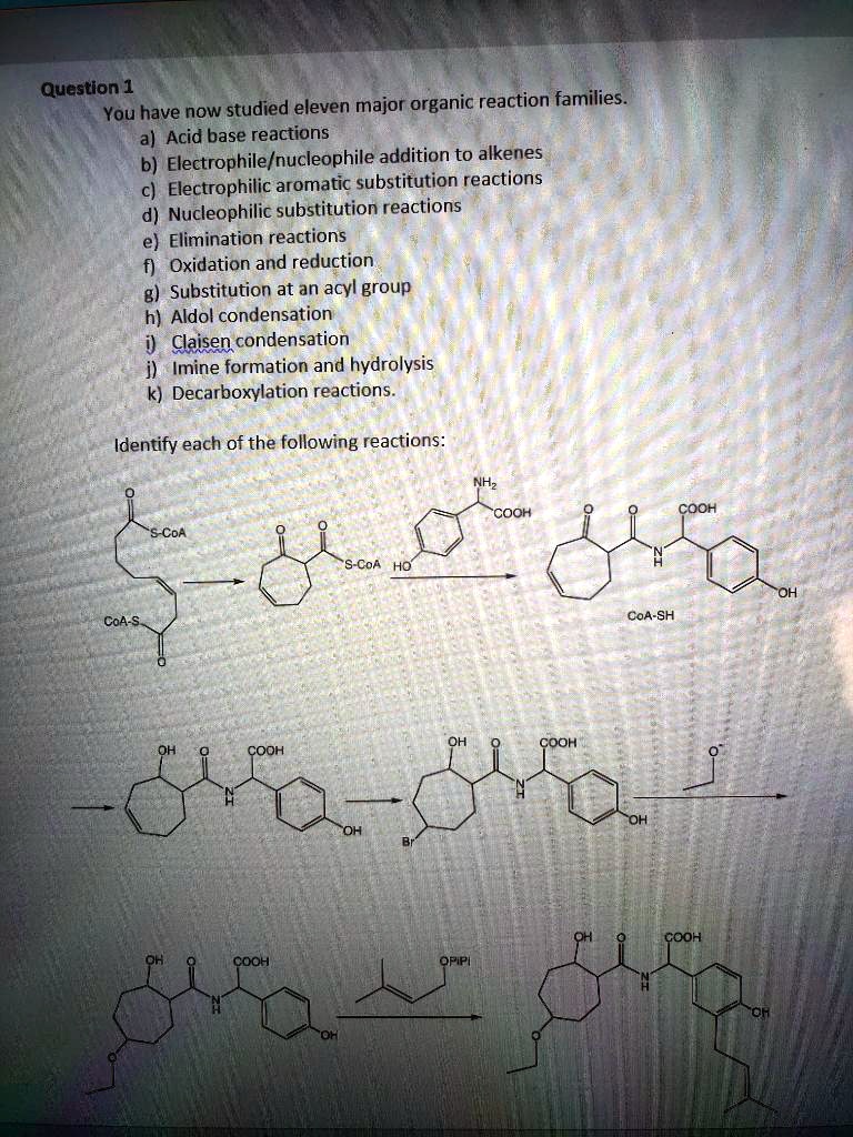 Question 1 studied eleven major organic reaction families. You have now: a) Acid-base reactions ...