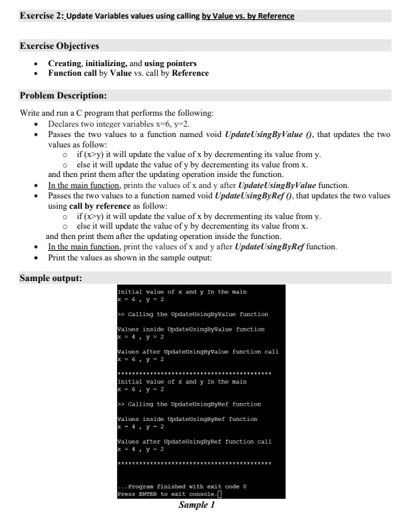 Solved Exercise 2 Update Variables Values Using Call By Value Vs Call By Reference Exercise