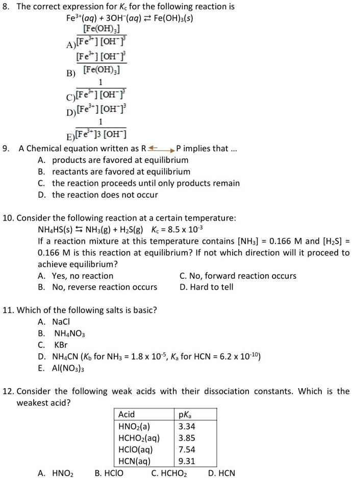 the correct expression for kc for the following reaction is fe3 aq 3oh aq feohas feoh afe oh fe ...