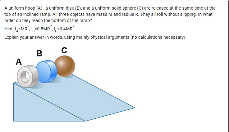 SOLVED: A uniform hoop (A) , uniform disk (B), and uniform solid sphere (C) are released at the ...
