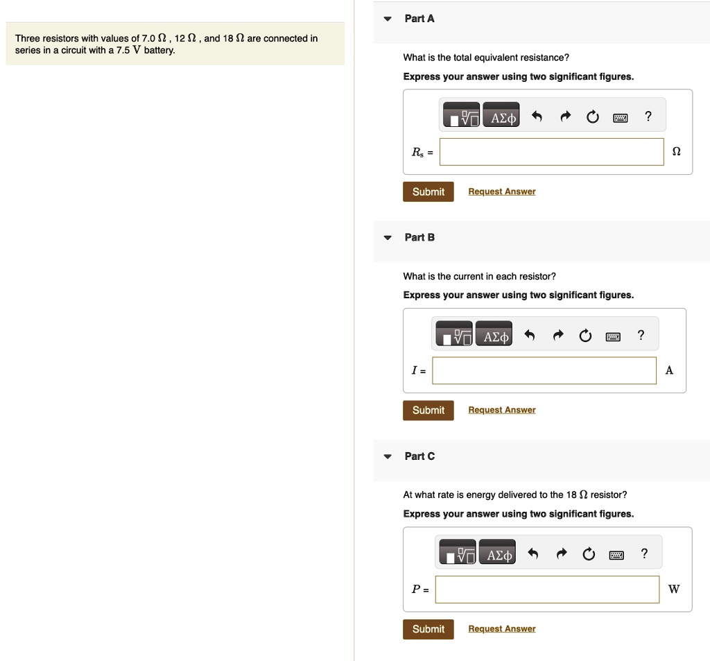 SOLVED: Three resistors with values of 7.0 Omega , 12 Omega , and 18 ...