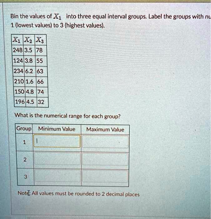 Bin the values of X1 into three equal interval groups. Label the groups with nu 1 (lowest values ...