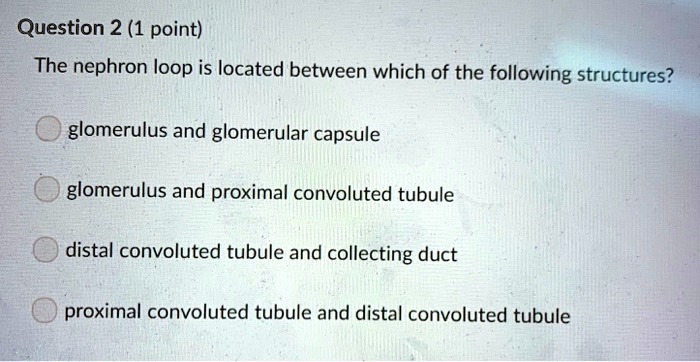 Question 2 (1 point) The nephron loop is located between which of the ...
