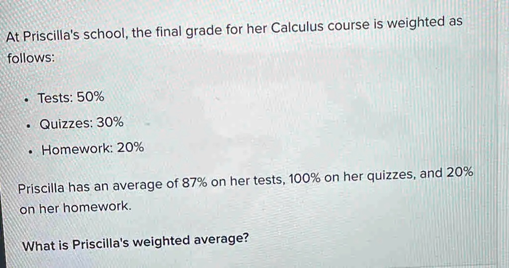 the final grade for her calculus course is weighted as at priscillas ...