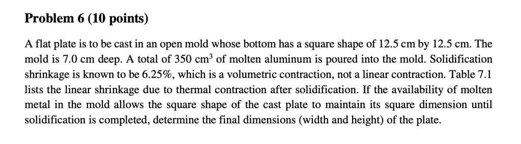 Problem 6 (10 points) A flat plate is to be cast in an open mold whose ...