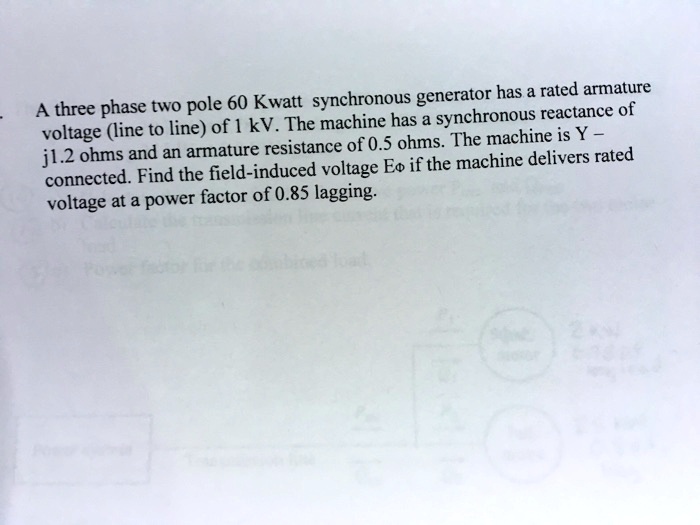 A three phase two pole 60 Kwatt synchronous generator has a rated armature voltage (line to line ...