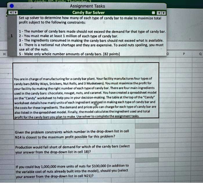 assignment tasks candy bar solver set up solver to determine how many of each type of candy bar ...