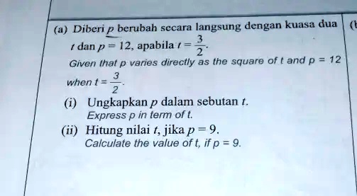 SOLVED: (a) Diberi berubah secara langsung dengan kuasa dua dan p = 12 ...