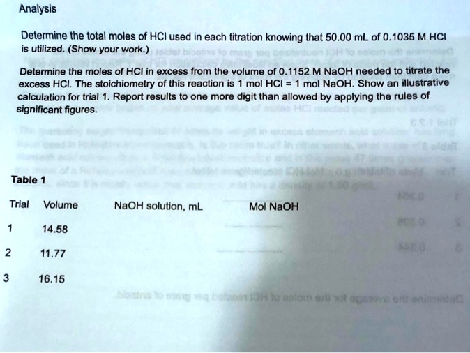 Analysis Determine the total moles of HCI used in each titration knowing that 50.00 mL of 0.1035 ...
