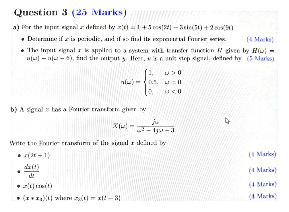 SOLVED: a) For the input signal x defined by x(t) = 1 + 5cos(2t) - 3sin(5t) + 2cos(9t ...