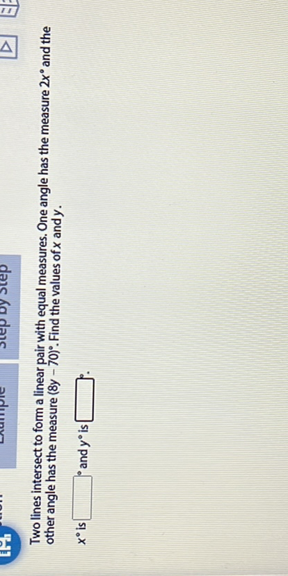 Two lines intersect to form a linear pair with equal measures. One ...