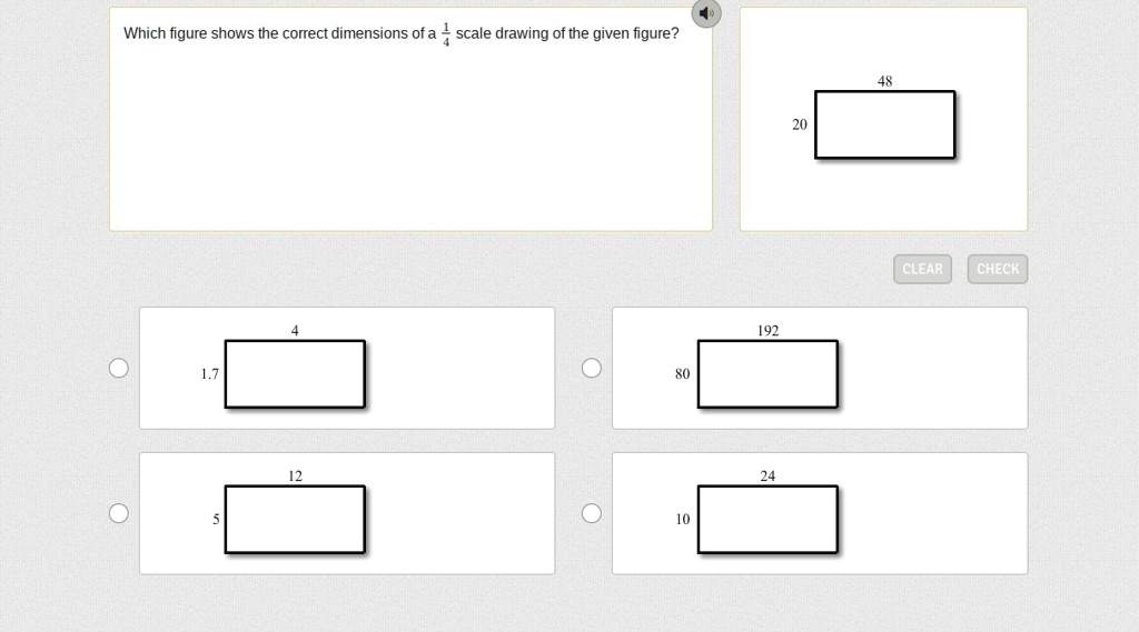 Which figure shows the correct dimensions of a (1)/(4) scale drawing of ...